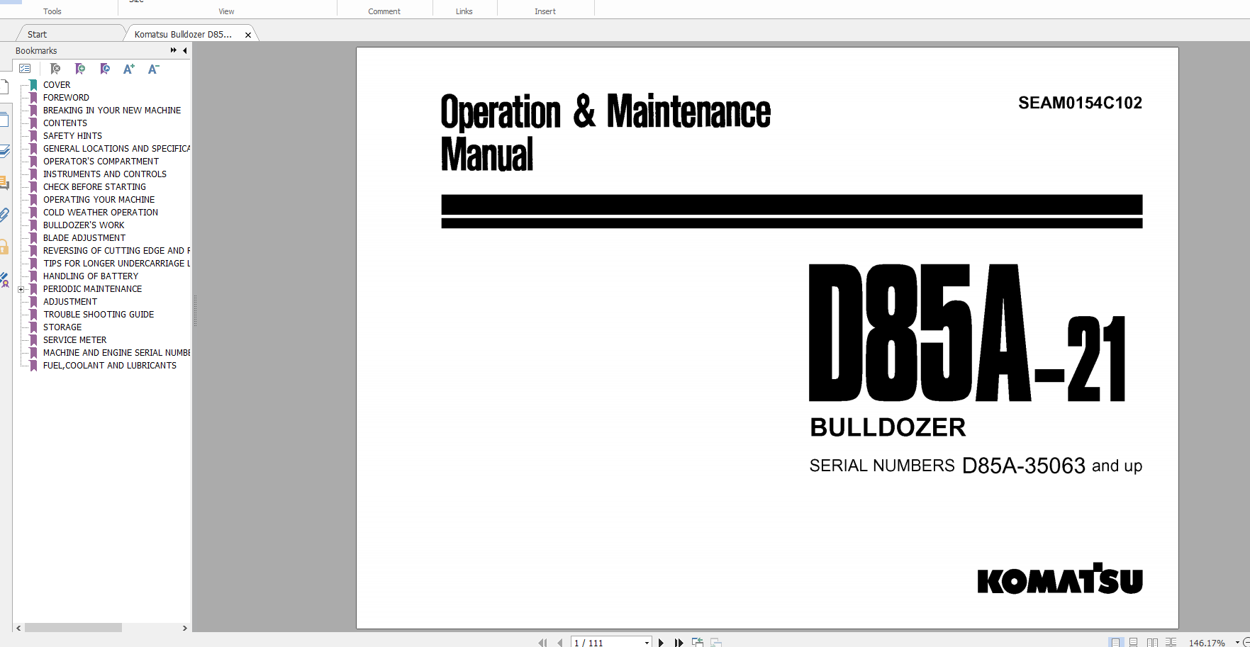 Komatsu Bulldozer D85A-21 Operation & Maintenance Manual SEAM0154C102