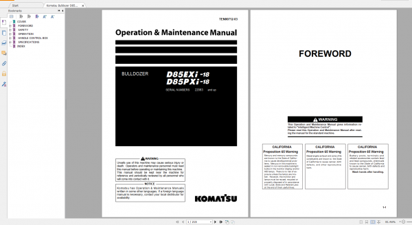 Komatsu Bulldozer D85EXi-18 D85PXi-18 Operation & Maintenance Manual ...