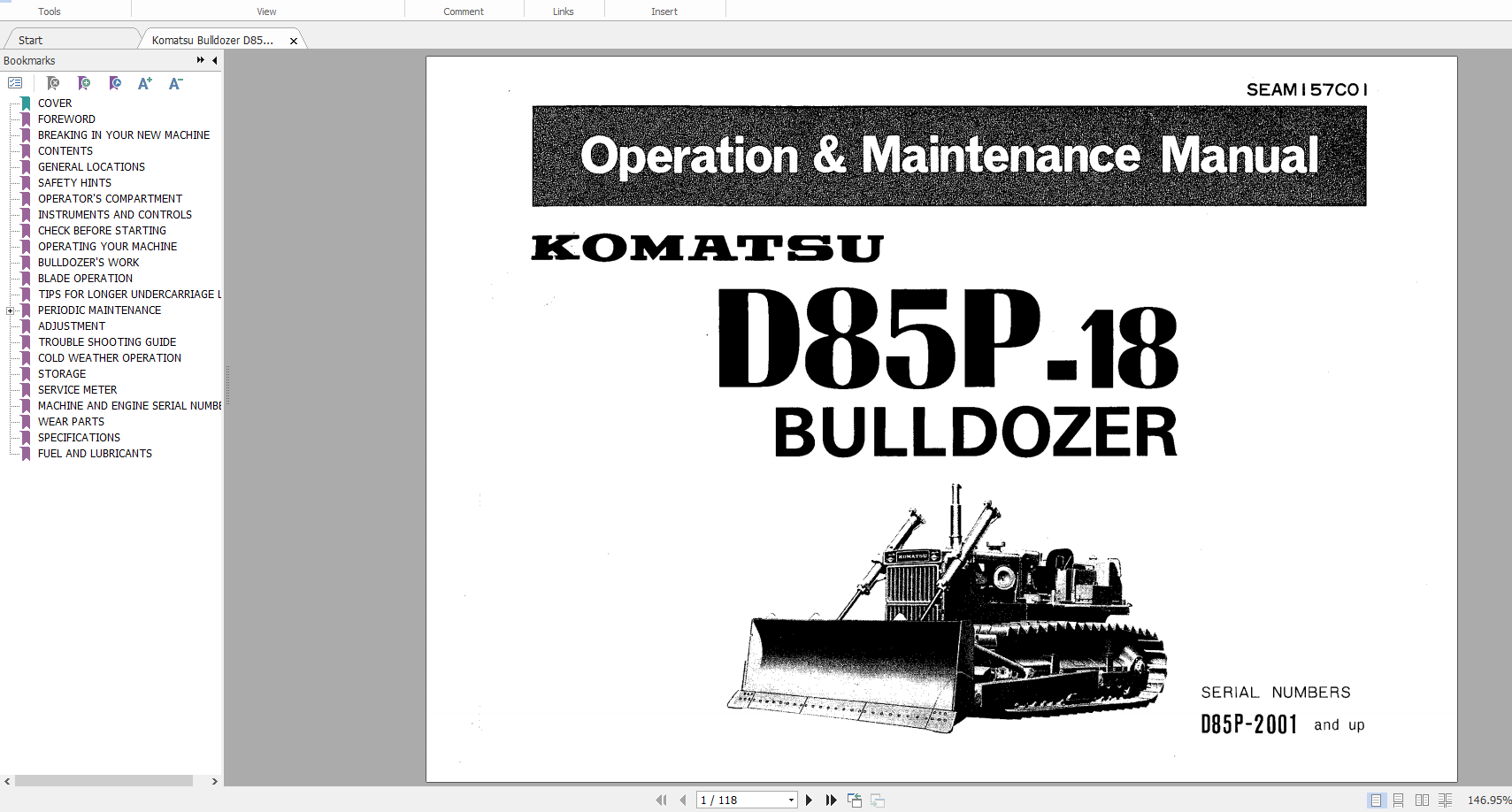 Komatsu Bulldozer D85P-18 Operation & Maintenance Manual SEAM157C01 2001