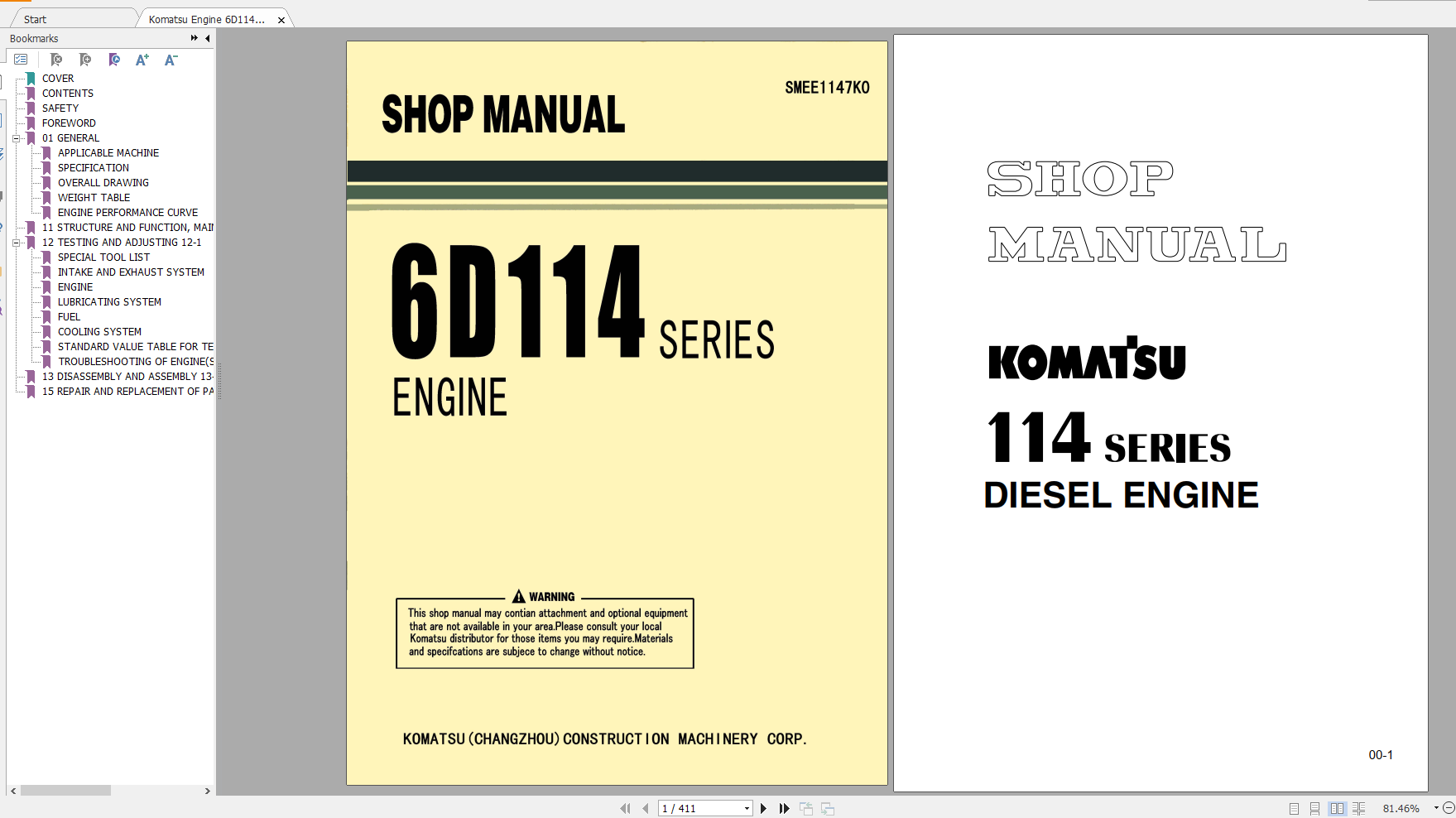 Komatsu Engine 6D114 Series Shop Manual SMEE1147K0