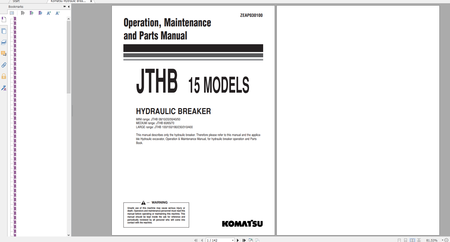 Komatsu Hydraulic Breaker JTHB 15 Model Operation & Maintenance Manual ...