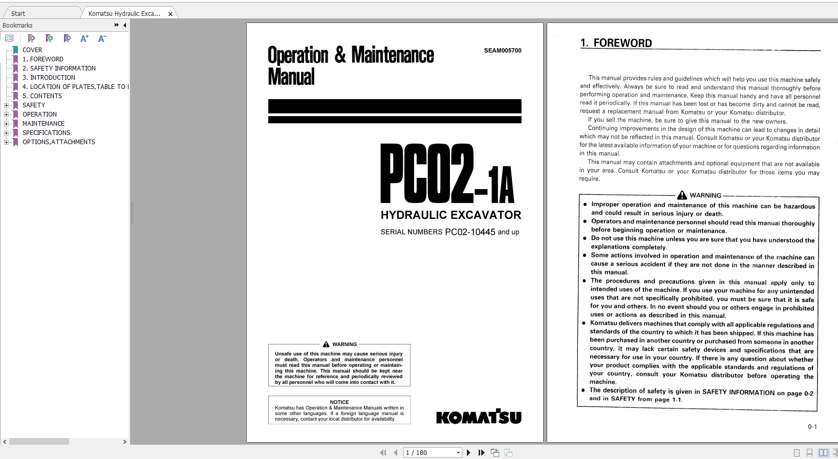 Komatsu Hydraulic Excavator PC02-1A Operation & Maintenance Manual ...