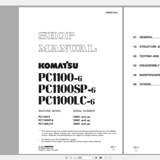 Komatsu Hydraulic Excavator PC1250-5 PC1250SP-7 PC1250LC-7 Shop Manual SEBM027313 2019