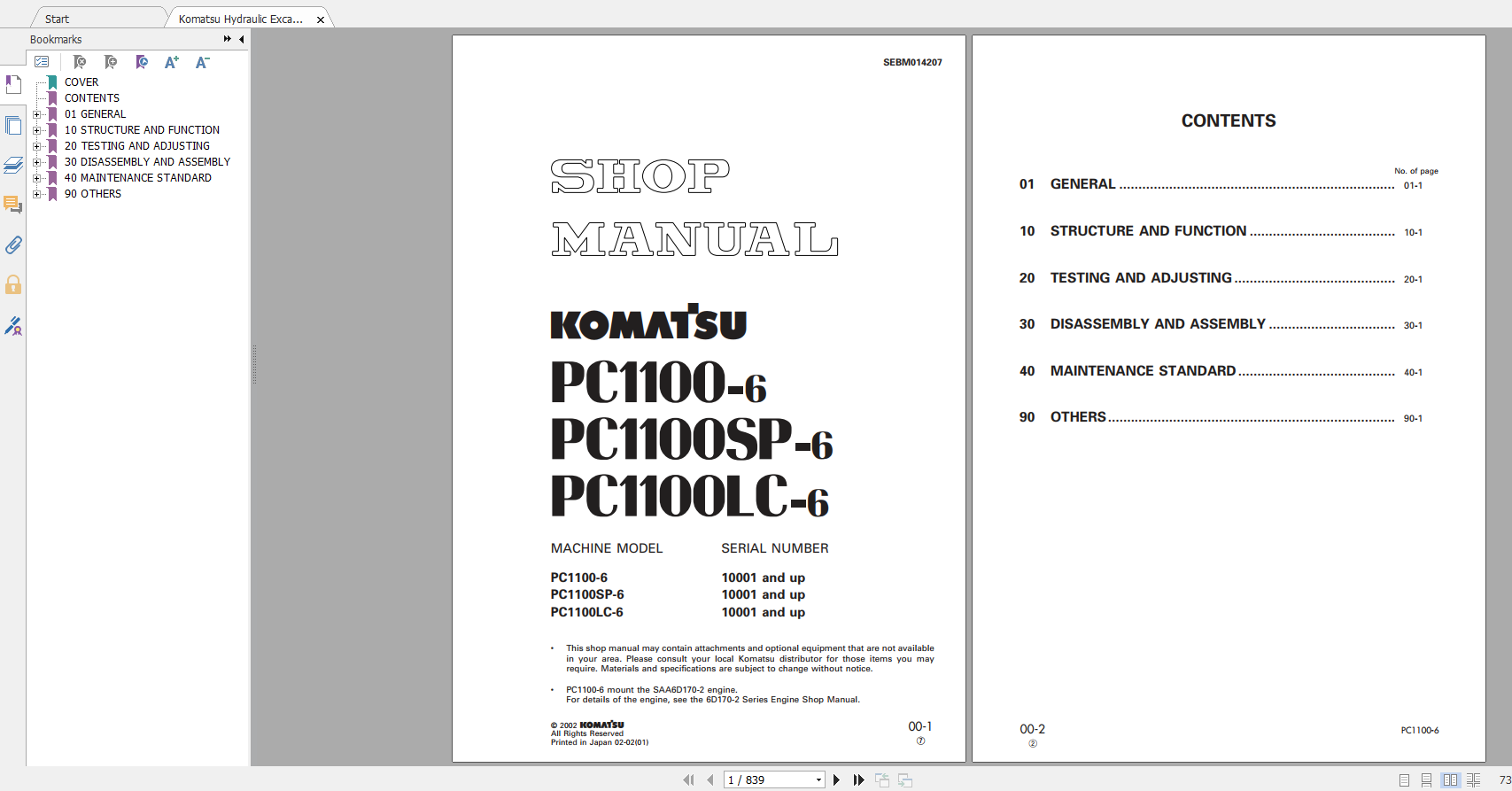 Komatsu Hydraulic Excavator PC1100-6 PC1100SP-6 PC1100LC-6 Shop Manual ...