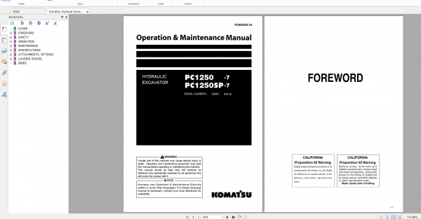 Komatsu Hydraulic Excavator PC1250-7 PC1250SP-7 Operation & Maintenance Manual PEN00296-04 2015