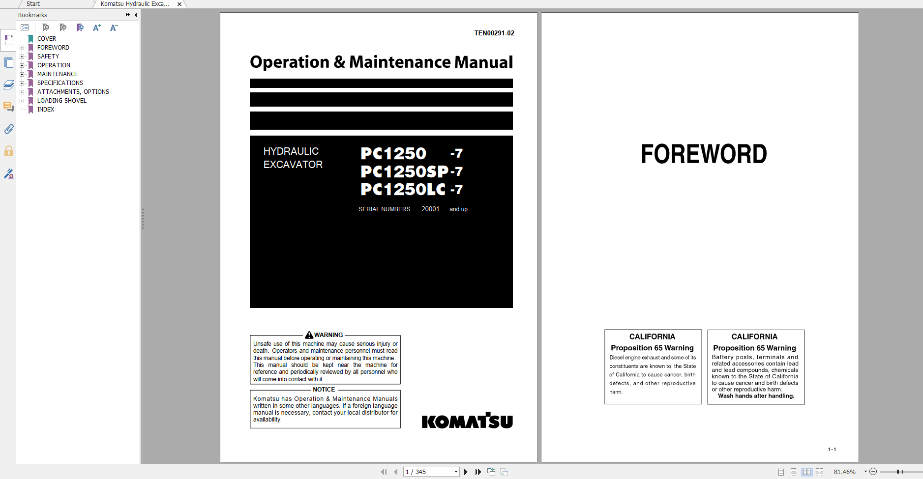 Komatsu Hydraulic Excavator PC1250-7 PC1250SP-7 PC1250LC-7 Operation & Maintenance Manual ...