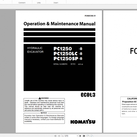 Komatsu Hydraulic Excavator PC1250-7 PC1250SP-7 PC1250LC-7 Operation & Maintenance Manual ...