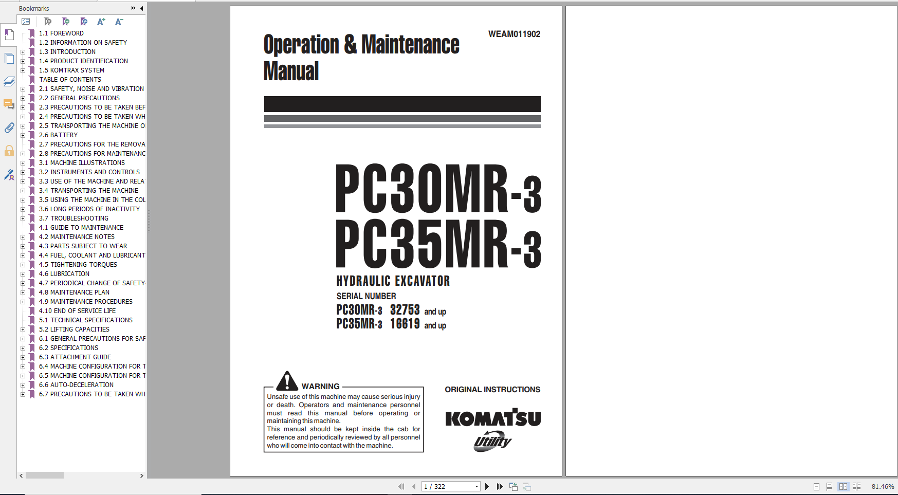 Komatsu Hydraulic Excavator PC30MR-3 PC35MR-3 Operation & Maintenance Manual WEAM011902 2010