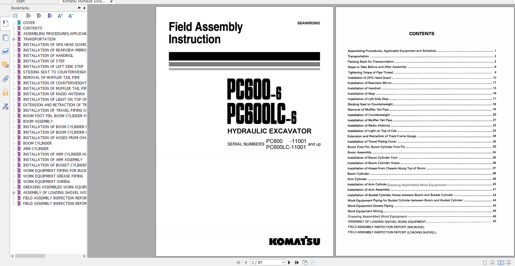 Komatsu Hydraulic Excavator PC600-6 PC600LC-6 Field Assembly ...