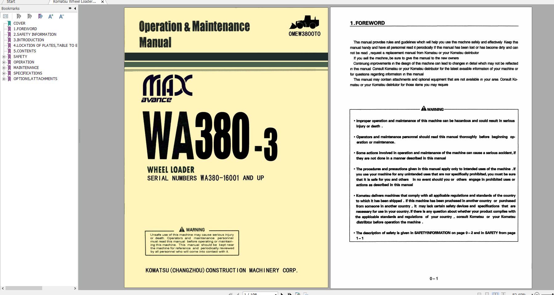 Komatsu Wheel Loader WA380-3 Operation & Maintenance Manual OMEW3800T0
