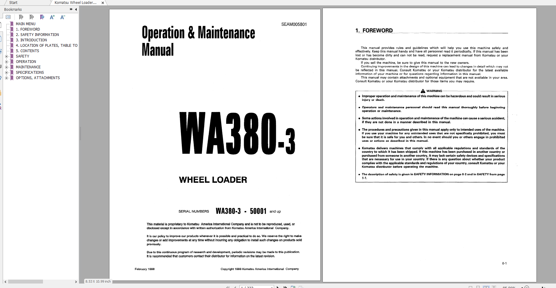 Komatsu Wheel Loader WA380-3 Operation & Maintenance Manual SEAD005801 ...