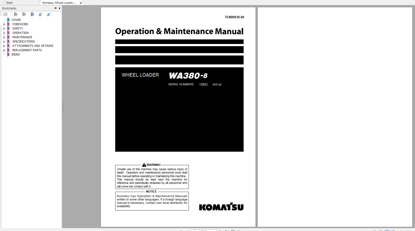 Komatsu Wheel Loader WA380-8 Operation & Maintenance Manual TEN00930-00 ...