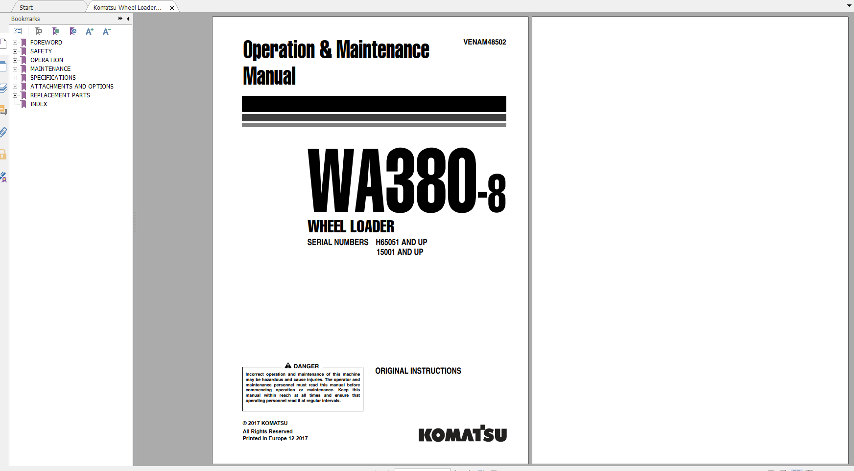 Komatsu Wheel Loader WA380-8 Operation & Maintenance Manual VENAM48502 2017