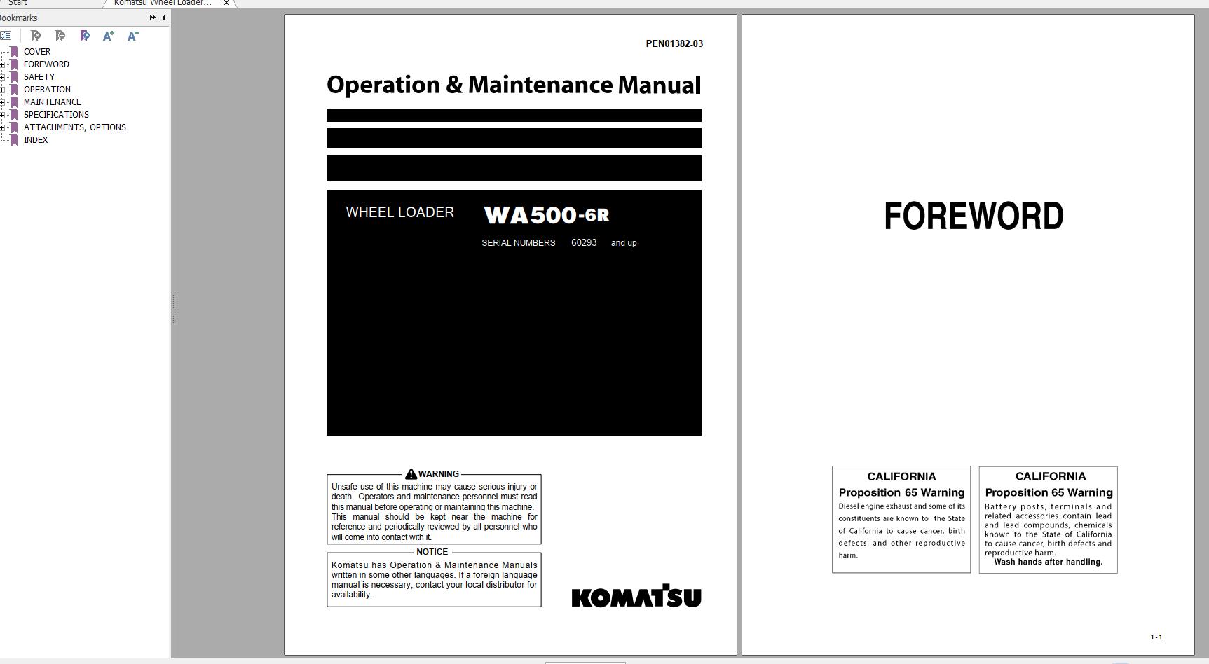 Komatsu Wheel Loader WA500-6R Operation & Maintenance Manual PEN01382 ...