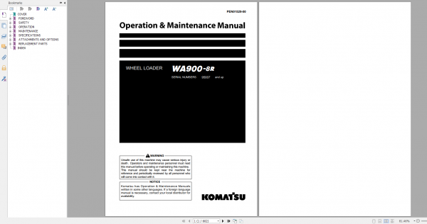 Komatsu Wheel Loader WA900-8R Operation & Maintenance Manual PEN01529 ...