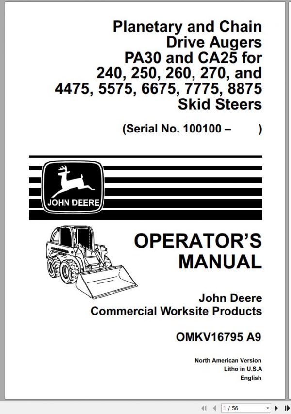 John Deere Skid Steers PA30 CA25 for 240-270 4475-8875 Drive Augers ...