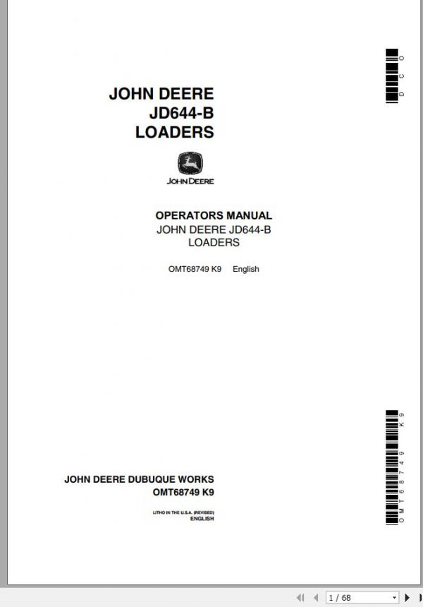 John Deere Loader JD644-B Operator's Manual OMT68749 K9