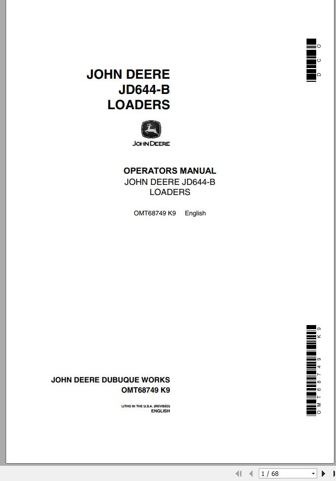 John Deere Loader JD644-B Operator's Manual OMT68749 K9