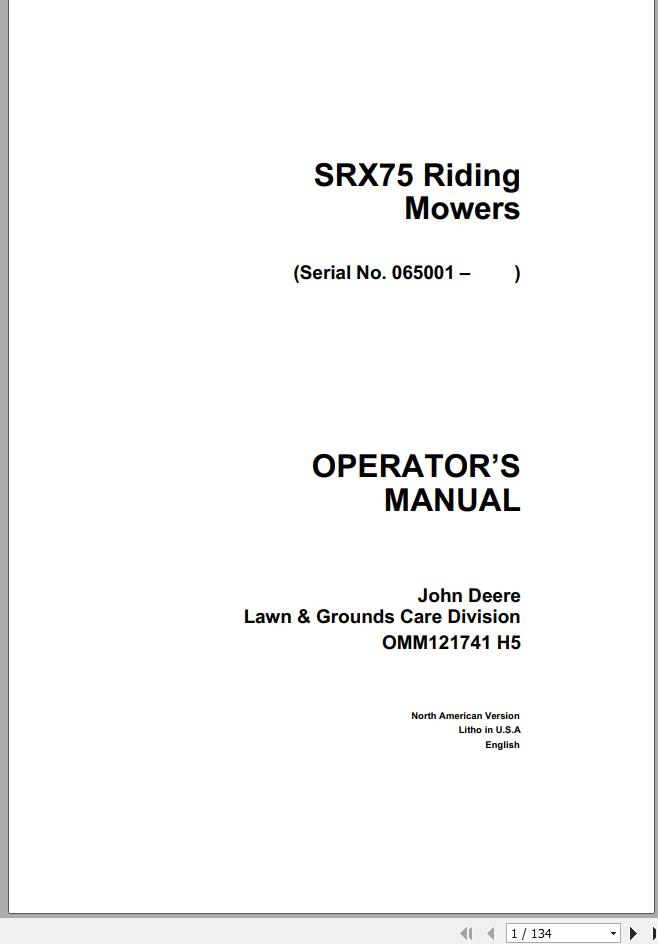 John Deere Riding Mowers SRX75 SN 065001 Operator's Manual OMM121741 H5