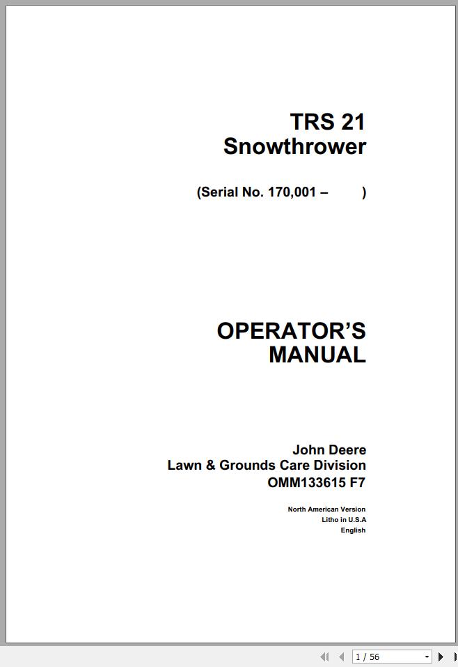 John Deere Snowthrower TRS21 Operator's Manual OMM133615 F7