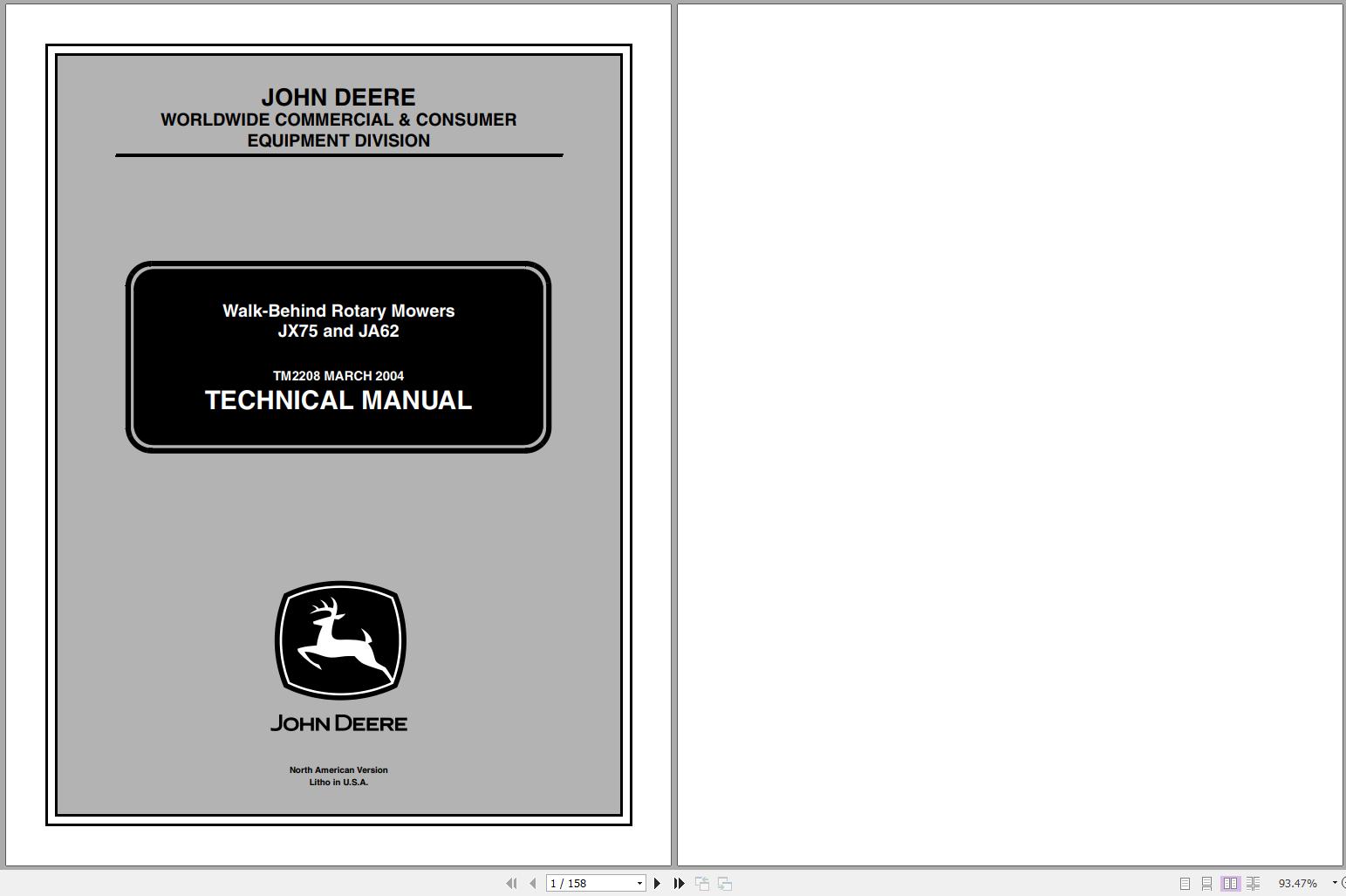 John Deere Walk-Behind Rotary Mowers JX75 JA62 Technical Manual TM2208 ...