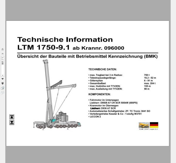 Liebherr Mobile Crane LTM 1750-9.1 750 Ton Operator Manual Diagnostics ...