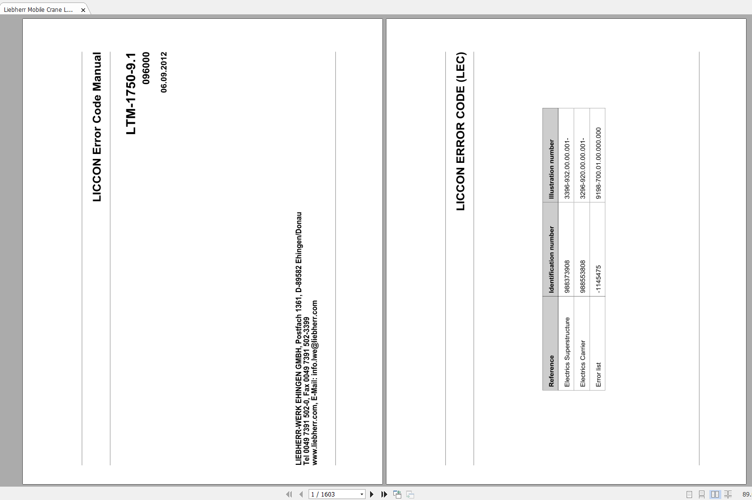 Liebherr Mobile Crane LTM 1750-9.1 LEC Liccon Error Code Manual EN 096000
