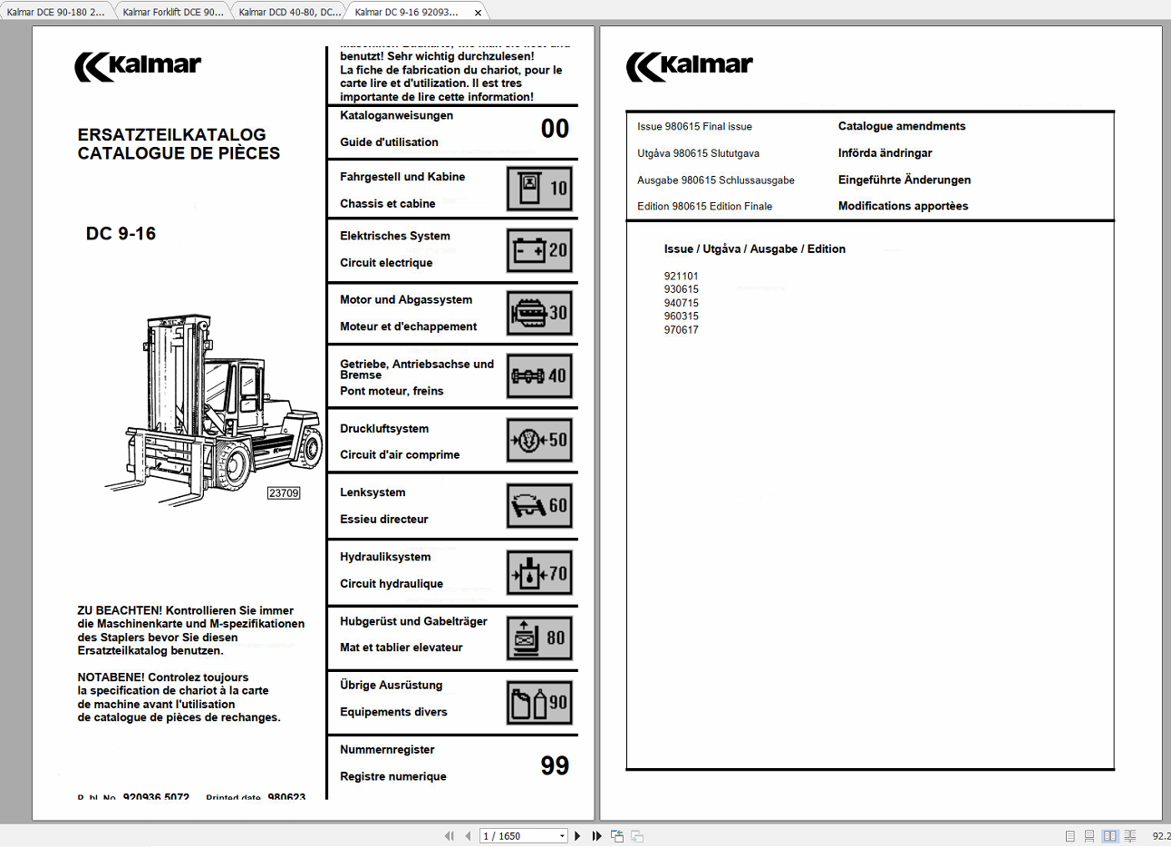 Kalmar Reach Stackers Workshop Manual Technical Handbook Spare Parts ...