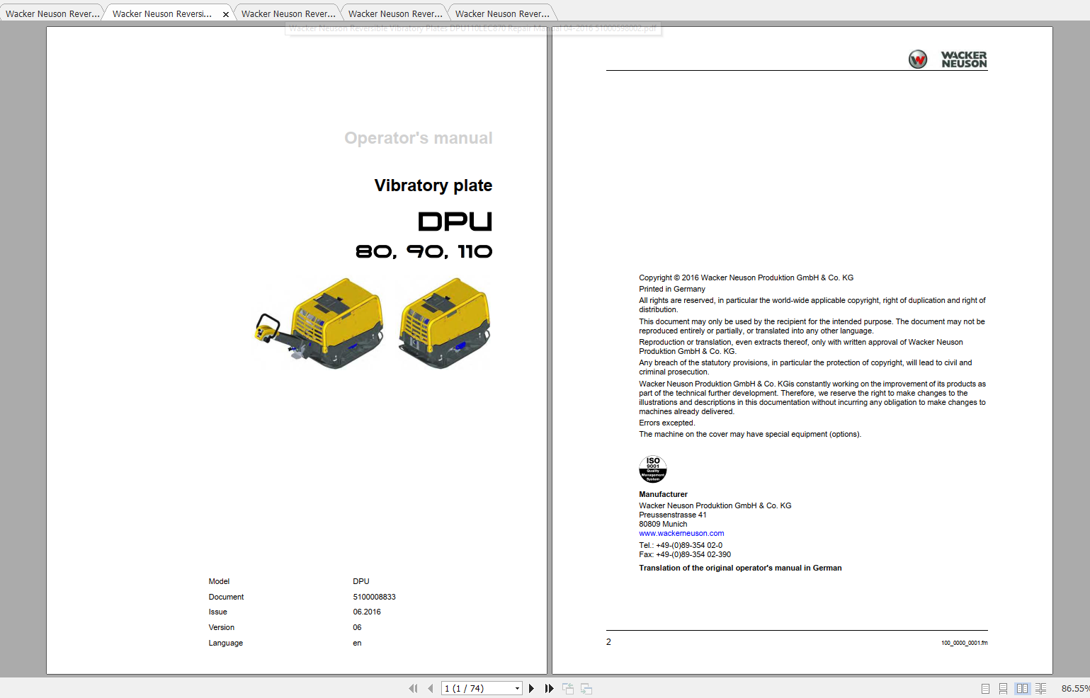 Wacker Neuson Reversible Vibratory Plates DPU110LEC870 Operator, Repair ...