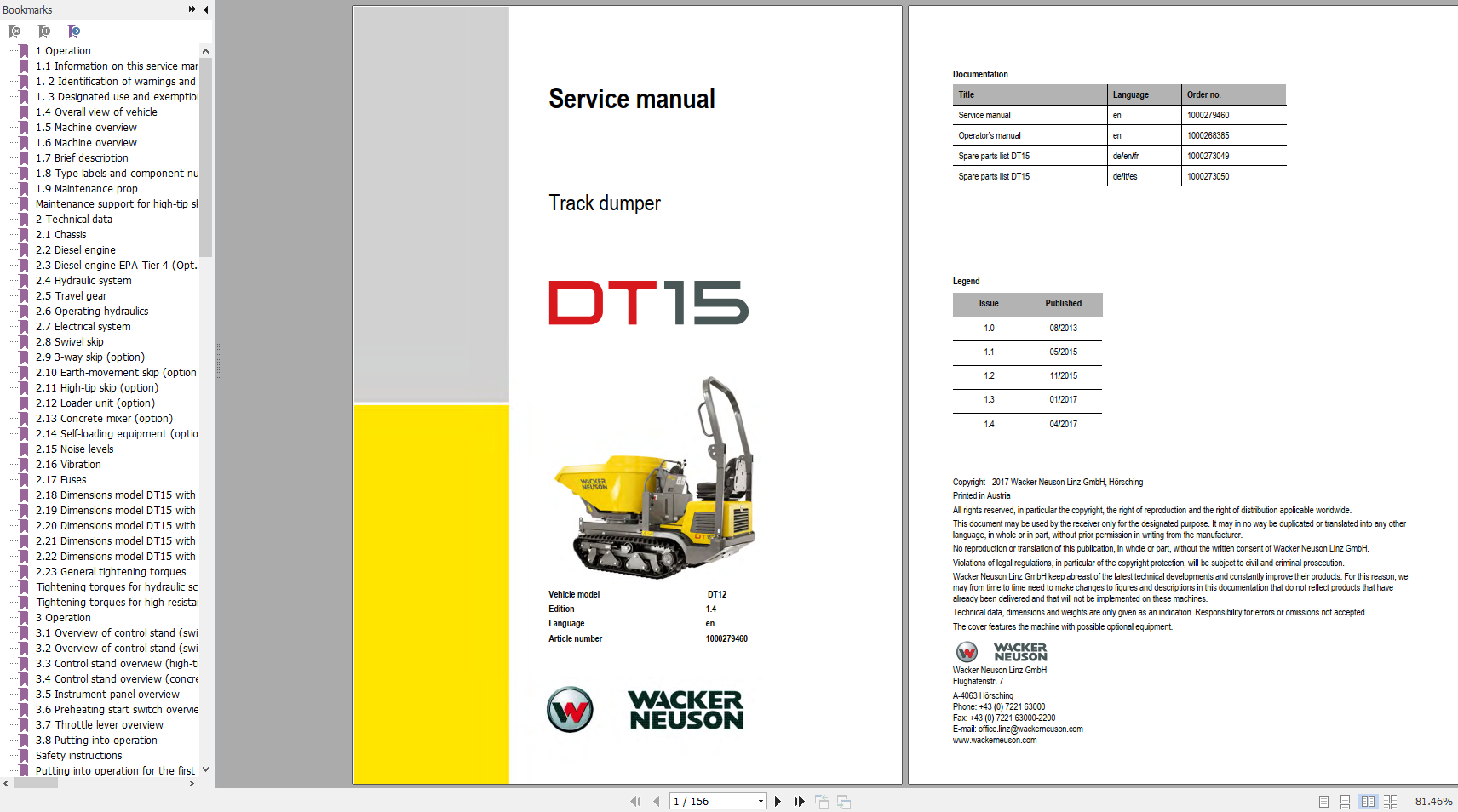Wacker Neuson Track Dumper DT15 Operator, Service Manual & Spare Parts ...