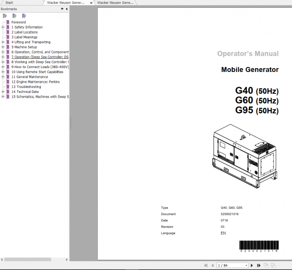 Wacker Neuson Generators G95 Operator Manual & Spare Parts Catalog