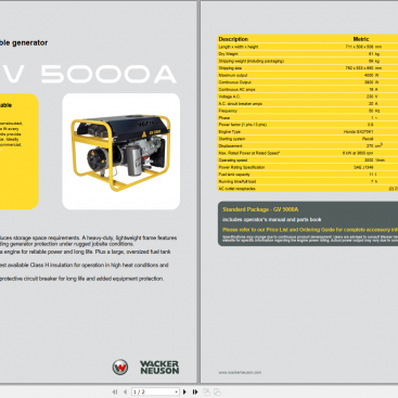 Wacker Neuson Generators GV7000A Operator's Manual & Spare Parts Catalog