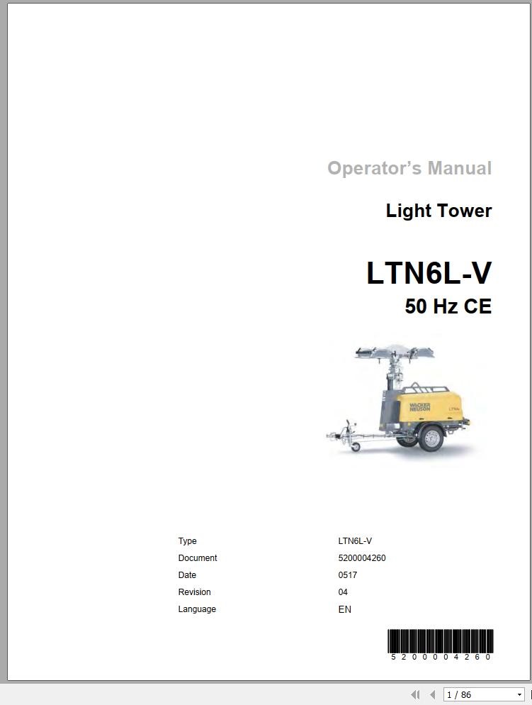 Wacker Neuson Light Tower LTN6L-V Operator's Workshop & Repair Manual ...