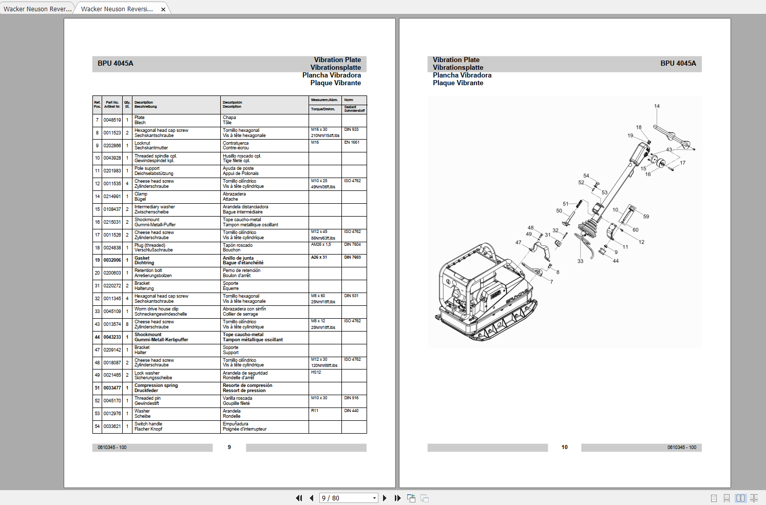 Wacker Neuson Reversible Vibratory Plates BPU4045A Operator & Parts ...