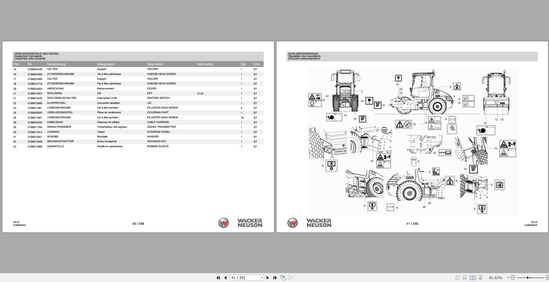 Wacker Neuson Single Drum Roller RC70 Spare Parts Catalog 2016 5100021297