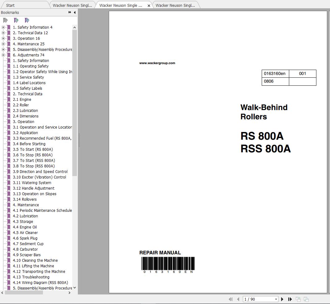Wacker Neuson Single Drum Roller RS800A Operator's Manual, Service ...