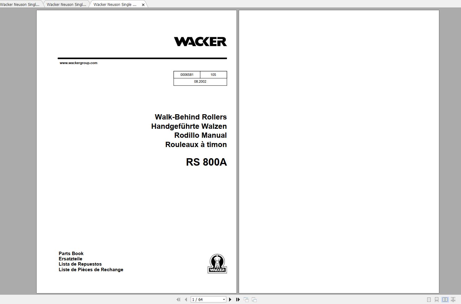 Wacker Neuson Single Drum Roller RS800A Operator's Manual, Service ...