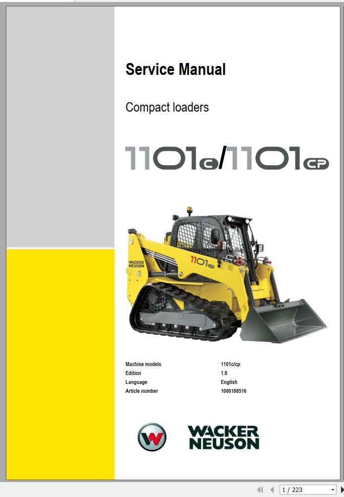 Wacker Neuson Skid Steer Loader Track 1101 Service, Operator's & Parts ...