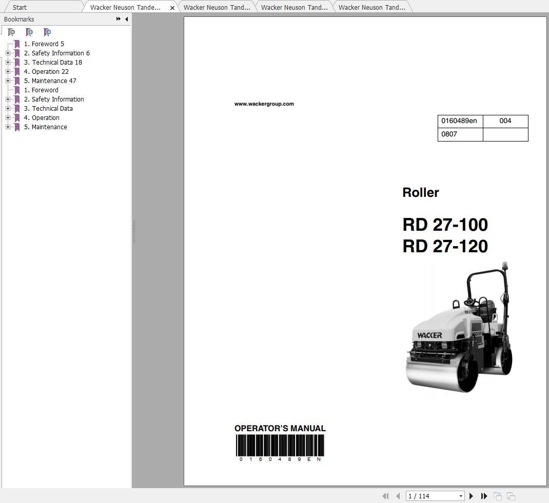 Wacker Neuson Tandem Roller RD27 Operator, Service Manual & Spare Parts ...