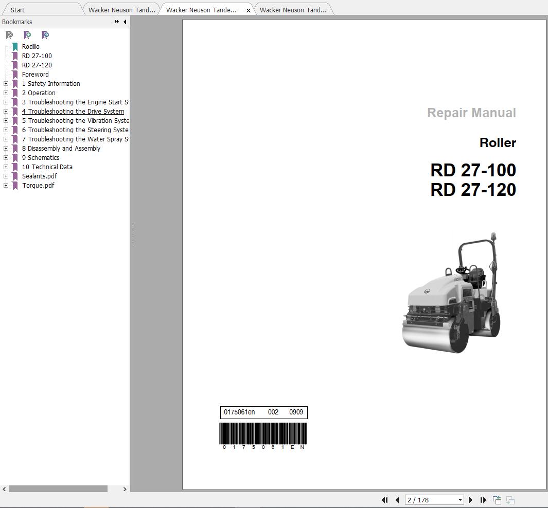 Wacker Neuson Tandem Roller RD27 Operator's Manual, Service Manual ...