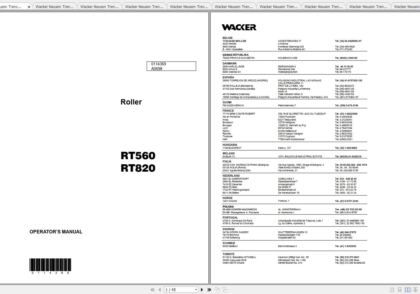 Wacker Neuson Trench Roller RT 820 Operator's Manual, Service Manual & Spare Parts Catalog 0007644