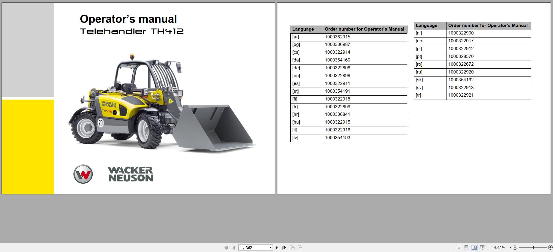 Wacker Neuson Telehandlers TH412 Operator's, Service & Parts Manual ...