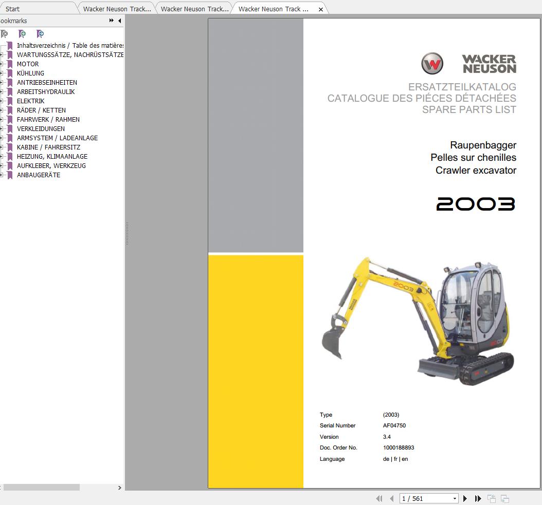 Wacker Neuson Track Excavators 2003 Operator, Service Manual & Spare ...