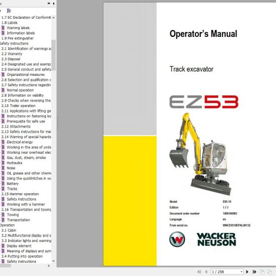 Wacker Neuson Track Excavators EZ50 Operator, Service Manual & Spare ...