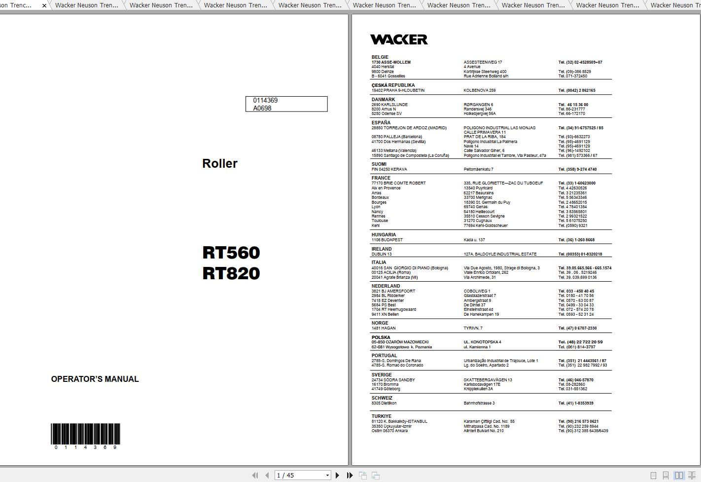 Wacker Neuson Trench Roller RT 820HT Operator's Manual, Service Manual ...