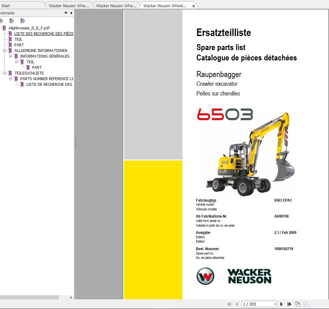 Wacker Neuson Wheel Excavators 6503 Operator, Service Manual & Spare ...