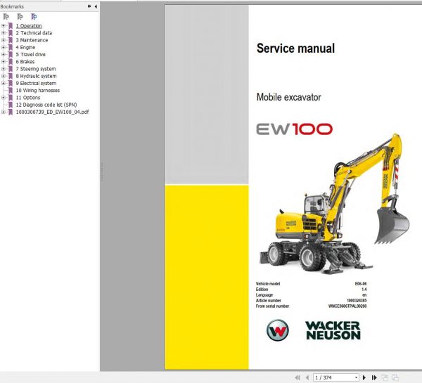 Wacker Neuson Wheel Excavators EW100 Operator, Service Manual & Spare ...