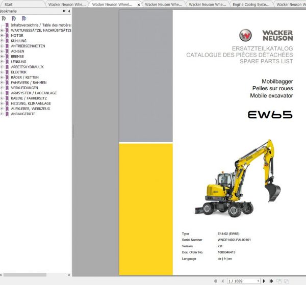Wacker Neuson Wheel Excavators EW65 Operator, Service Manual & Spare ...