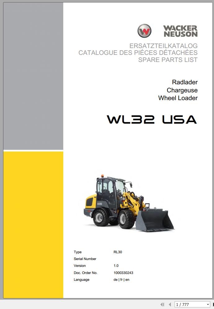 Wacker Neuson Wheel Loaders WL32 Operator's, Service & Parts Manual ...