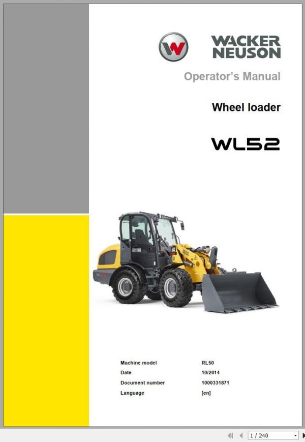 Wacker Neuson Wheel Loaders WL52 RL50 Operator's, Service & Parts ...